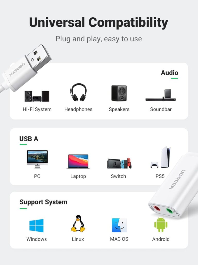 UGREEN 30143 USB Audio Adapter External Stereo Sound Card with 3.5mm ...