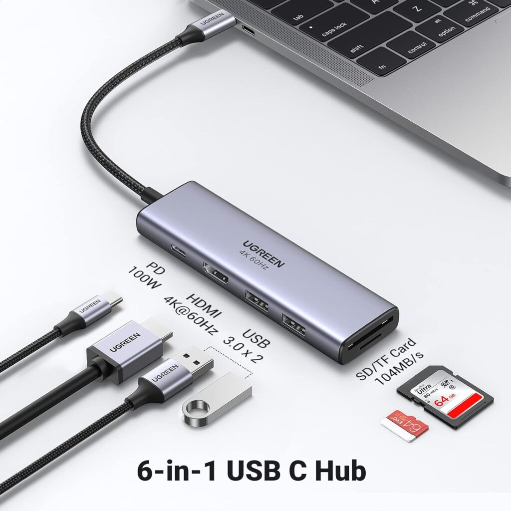 UGREEN 60384 6-in-1 USB C to USB Adapter with 100W PD +HDMI 4K@60Hz +SD/TF Card Reader