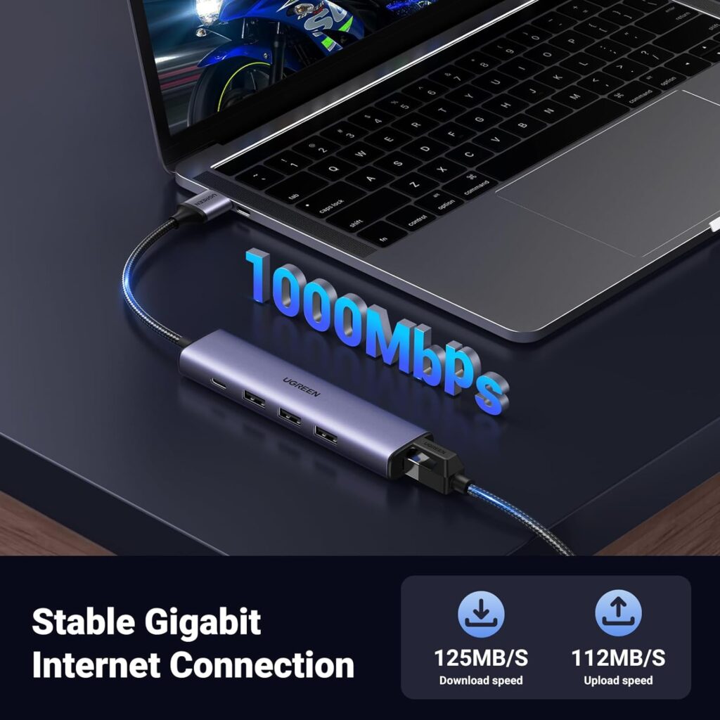 UGREEN 60554 USB 3.0 To Gigabit Ethernet Adapter 5 In 1 Multiport Hub