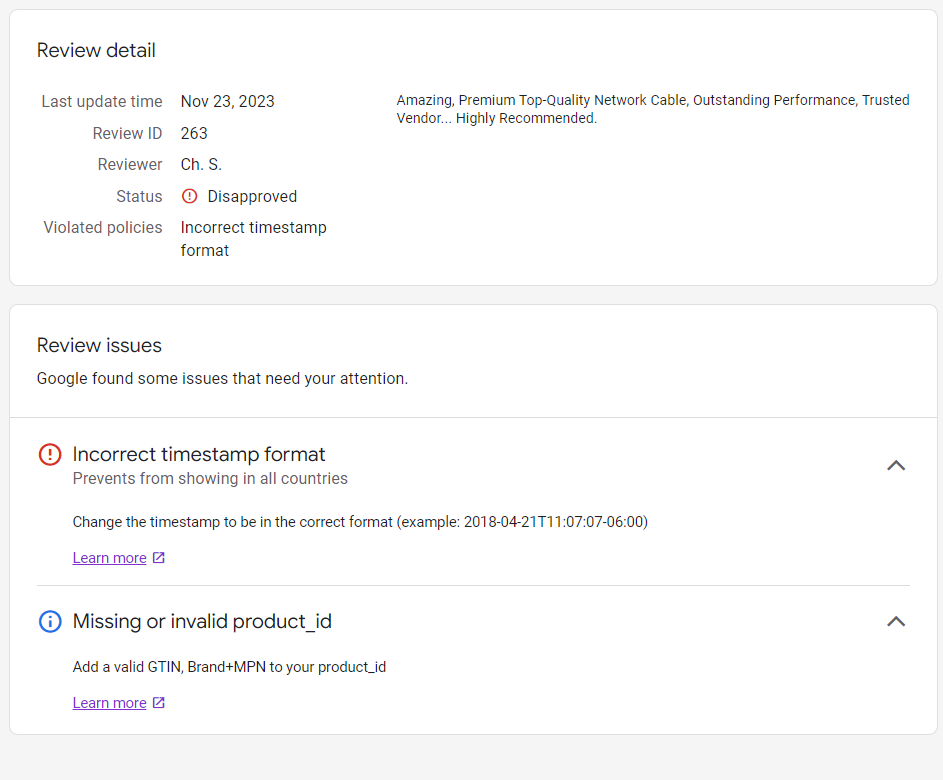 G. Merchant Disapproving – Incorrect Timestamp Format and Missing Product ID | WordPress.org