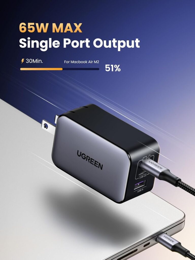 UGREEN 10334 NEXODE 65W USB-C GaN 3 Ports Wall Charger US Plug (Black) for iPhone 16/15/14/13