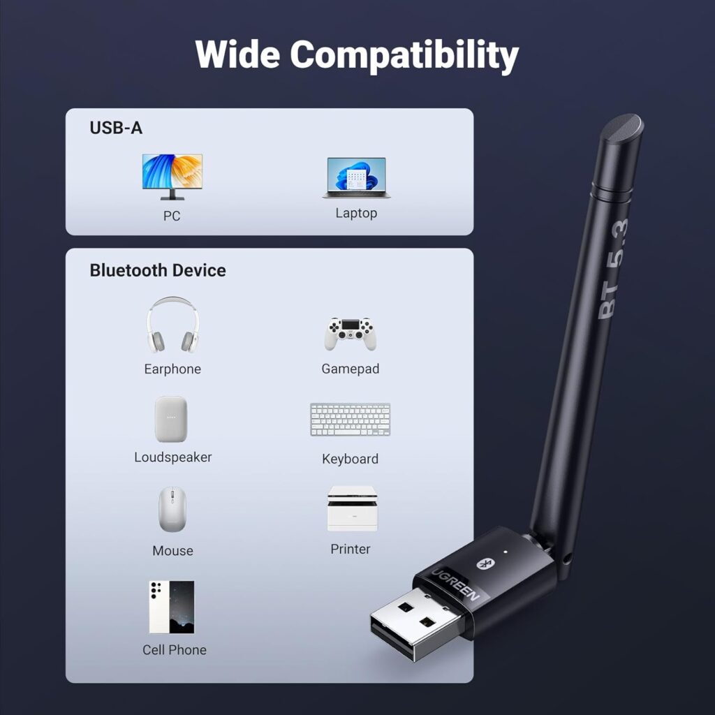 UGREEN 15610 Bluetooth 5.3 Adapter Long Range USB Bluetooth Dongle for ...